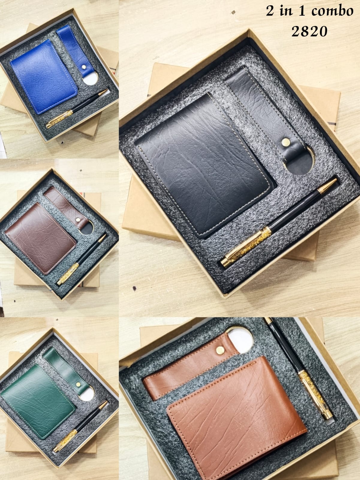 Premium Leather wallet + keychain + zari pen set ( Mix Color ) - With ...